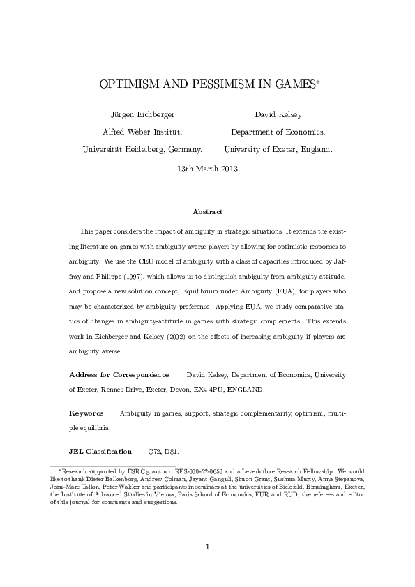 (PDF) Optimism and Pessimism in Games