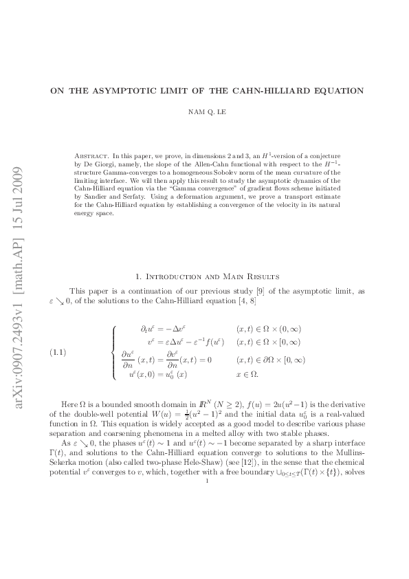 (PDF) On the Asymptotic Limit of the Cahn-Hilliard Equation