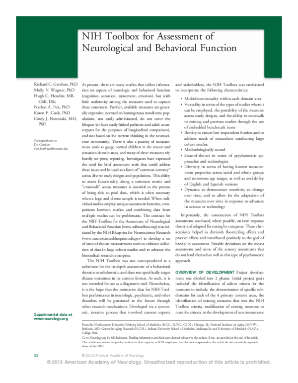 (PDF) NIH Toolbox for Assessment of Neurological and Behavioral Function