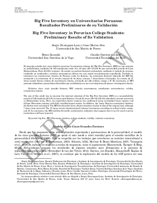 (PDF) Big Five Inventory en Universitarios Peruanos: Resultados ...