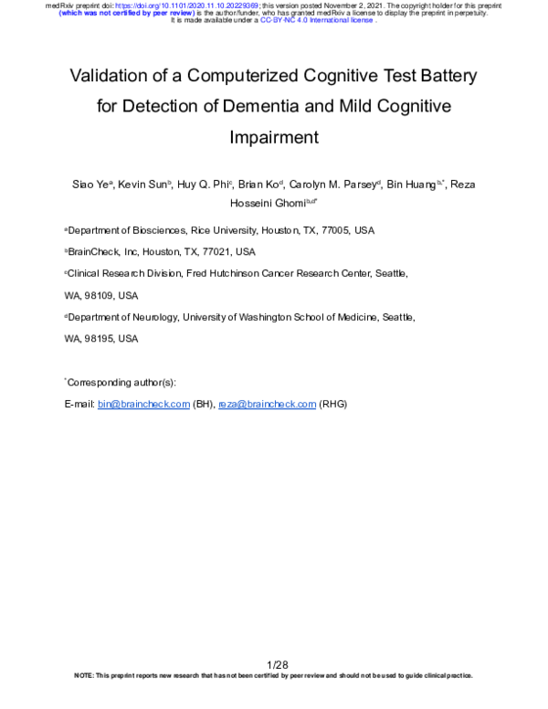 (PDF) Evaluating BrainCheck: A Computerized Test for Cognitive Impairment