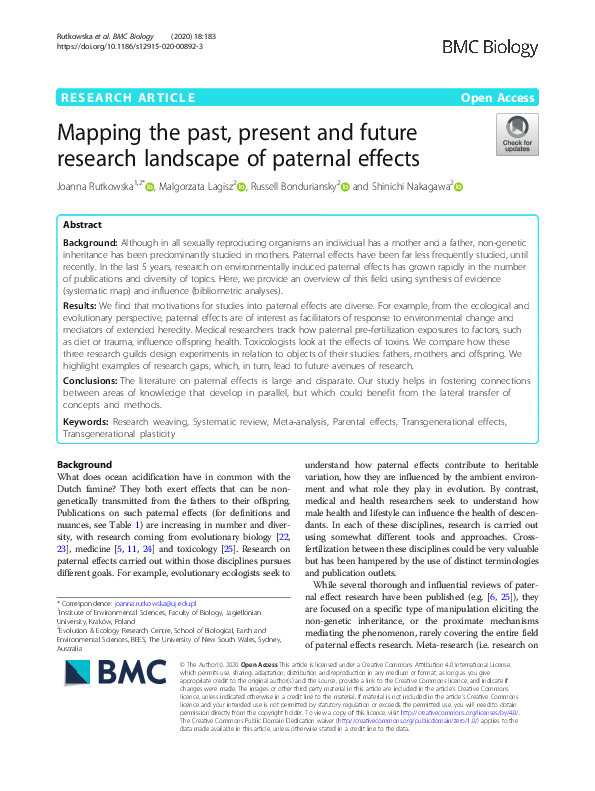 (PDF) Mapping the past, present and future research landscape of paternal effects | Malgorzata ...