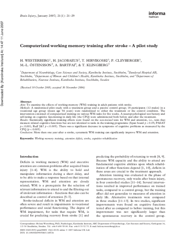 (PDF) Computerized working memory training after stroke–A pilot study