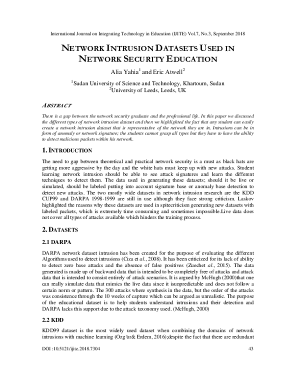 (PDF) Network Intrusion Datasets Used in Network Security Education | Alia Yahia - Academia.edu