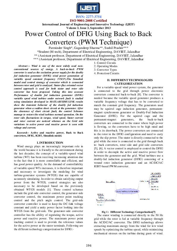 (PDF) Power Control of DFIG Using Back to BackConverters (PWM Technique