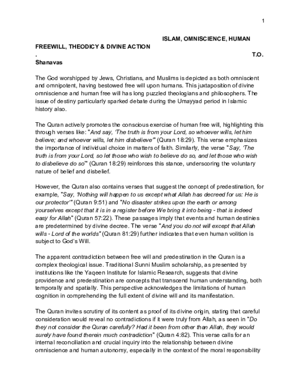 (DOC) ISLAM, OMNISCIENCE, HUMAN FREEWILL, THEODICY & DIVINE ACTION