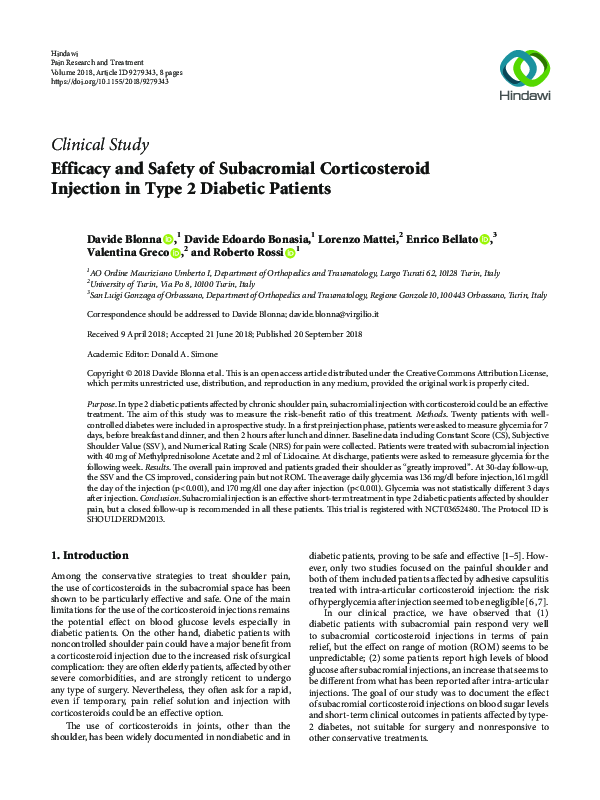 Pdf Efficacy And Safety Of Subacromial Corticosteroid Injection In Type 2 Diabetic Patients