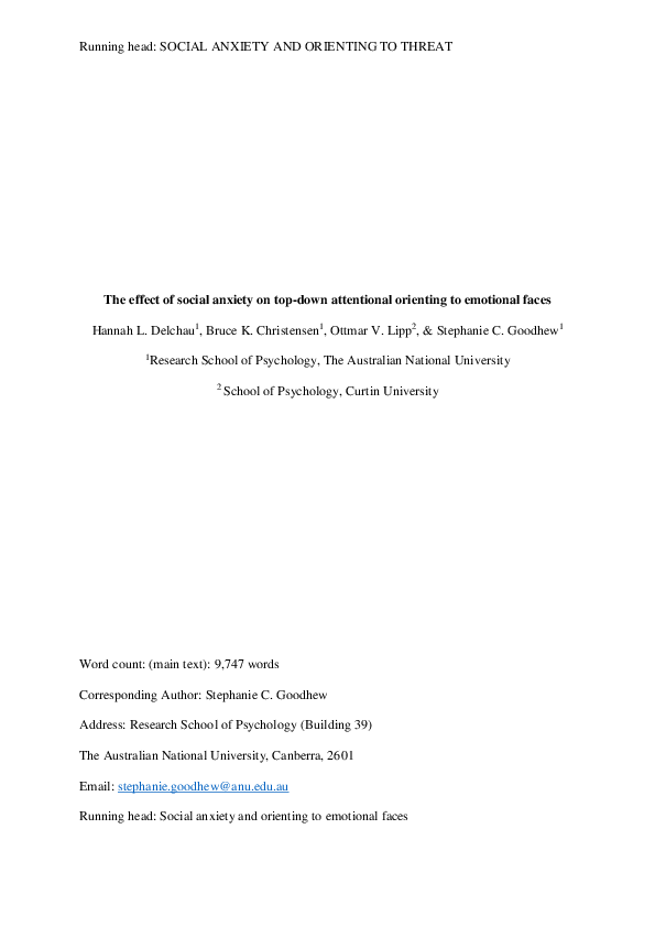 Pdf The Effect Of Social Anxiety On Top Down Attentional Orienting To Emotional Faces Ottmar