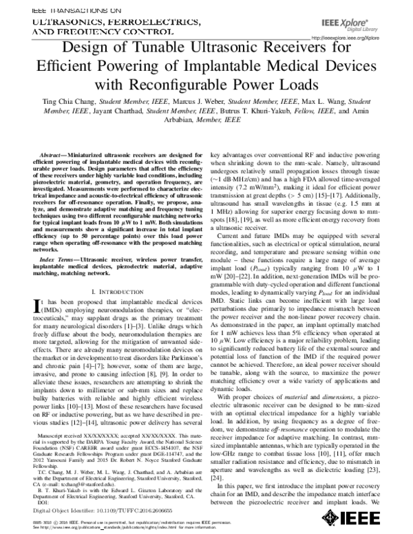Pdf Design Of Tunable Ultrasonic Receivers For Efficient Powering Of Implantable Medical