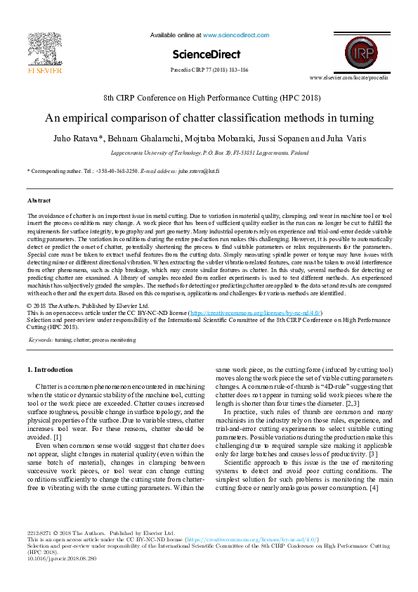(PDF) An empirical comparison of chatter classification methods in turning