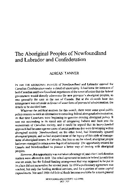(PDF) The Aboriginal Peoples of Newfoundland and Labrador and Confederation