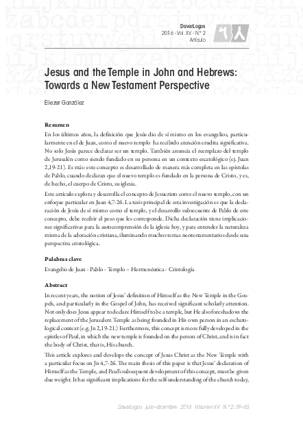 (PDF) Jesus and the Temple in John and Hebrews: Towards a New Testament ...