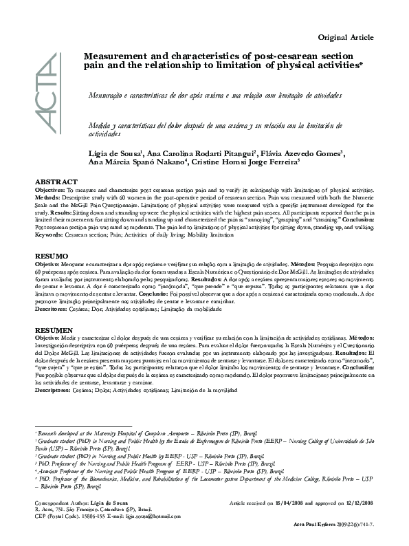 (PDF) Measurement and characteristics of post-cesarean section pain and ...