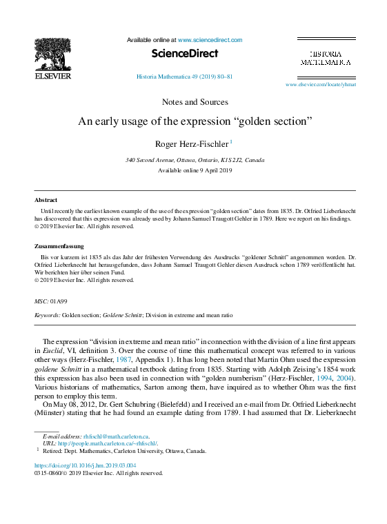 (PDF) Roger Herz-Fischler, An early usage of the expression "golden ...
