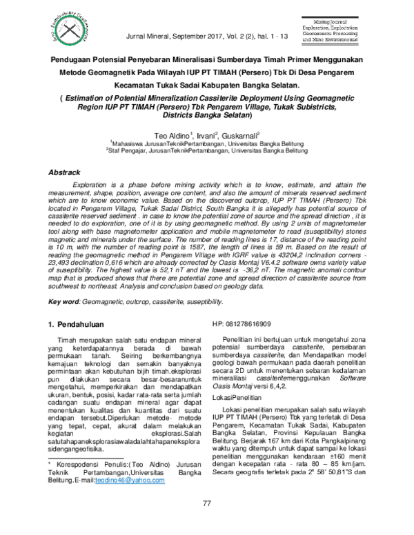 (PDF) Pendugaan Potensial Penyebaran Mineralisasi Sumberdaya Timah ...