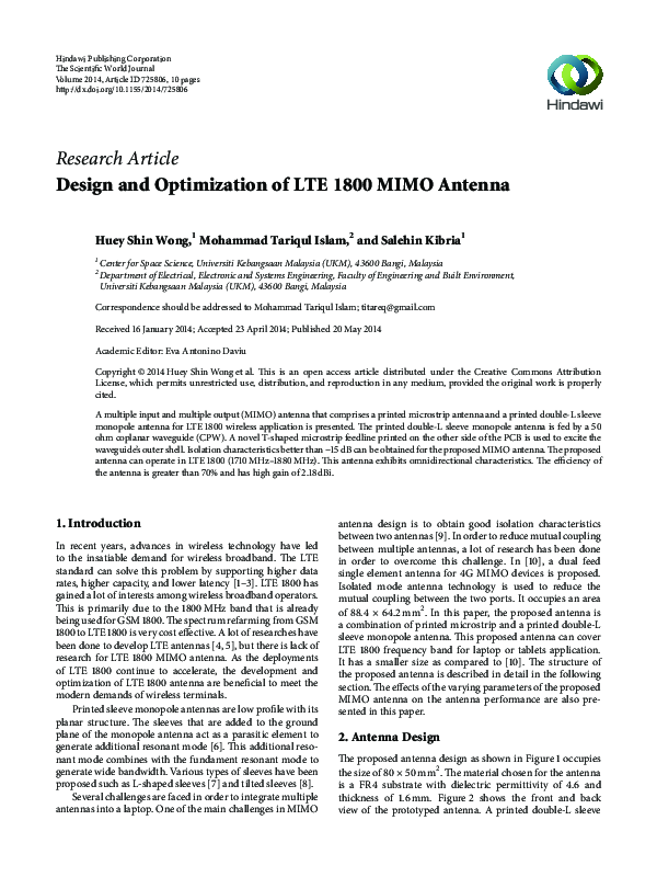 (PDF) Design and optimization of LTE 1800 MIMO antenna