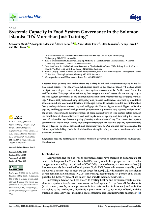 (PDF) Systemic Capacity in Food System Governance in the Solomon ...