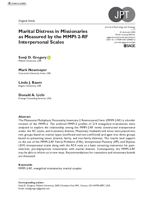 (PDF) Marital Distress in Missionaries as Measured by the MMPI-2-RF ...