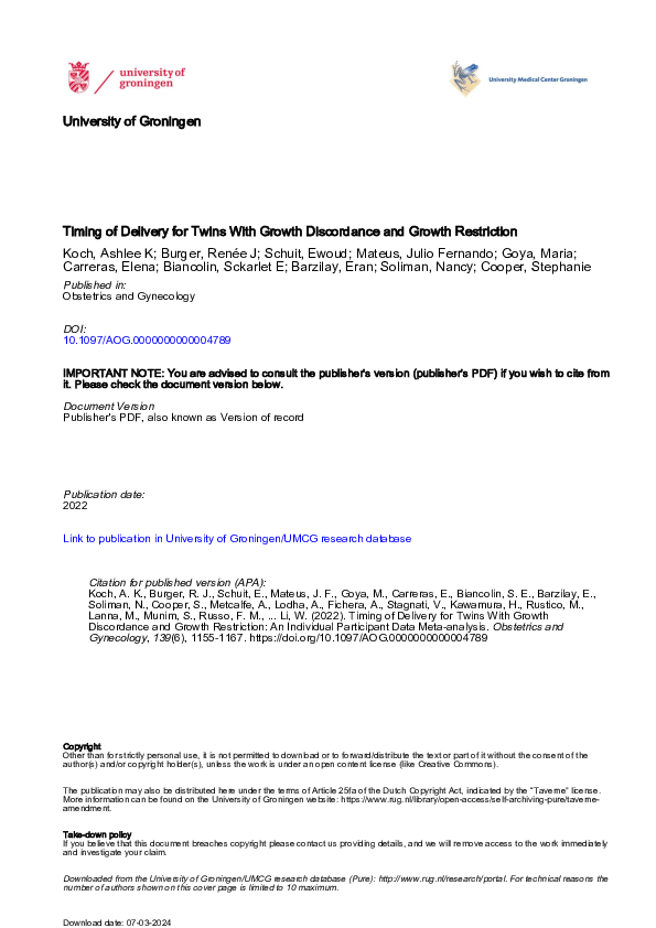 (PDF) Timing of Delivery for Twins With Growth Discordance and Growth ...