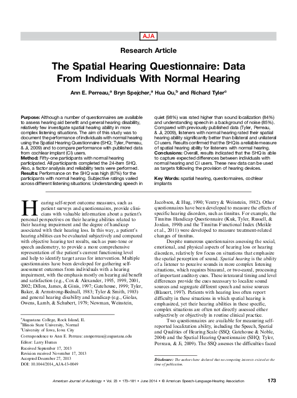 (PDF) The Spatial Hearing Questionnaire: Data From Individuals With ...