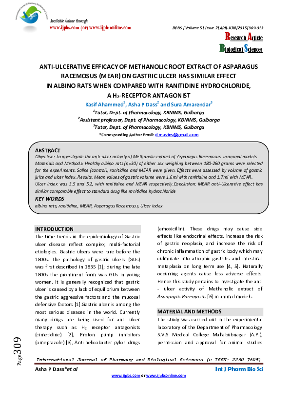 (PDF) Anti-Ulcerative Efficacy of Methanolic Root Extract of Asparagus ...
