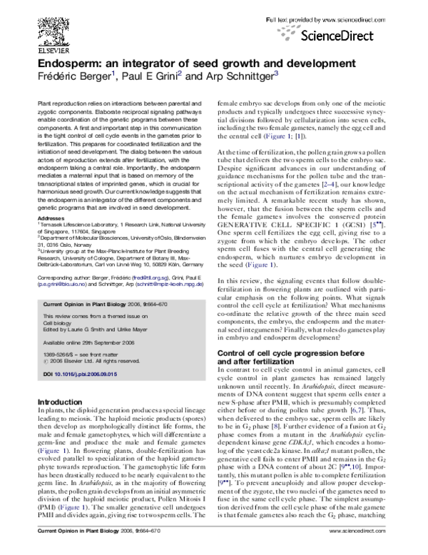 (PDF) Endosperm: an integrator of seed growth and development