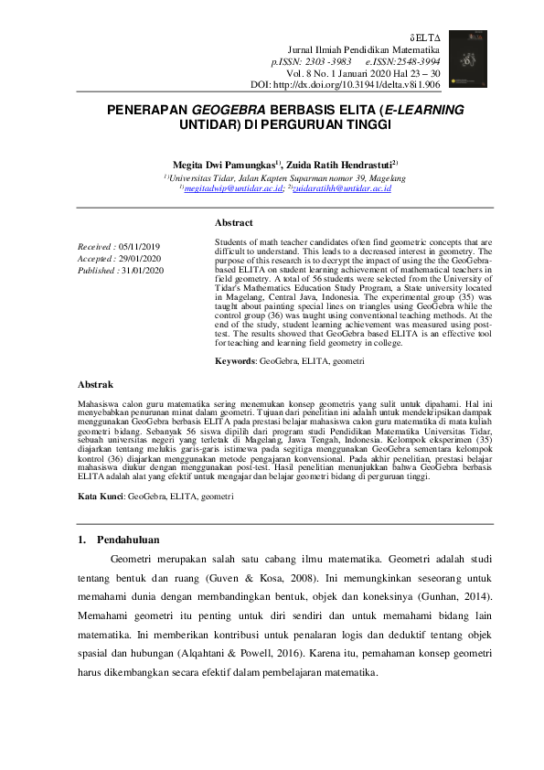 (PDF) Penerapan Geogebra Berbasis Elita (E-Learning Untidar) DI Perguruan Tinggi