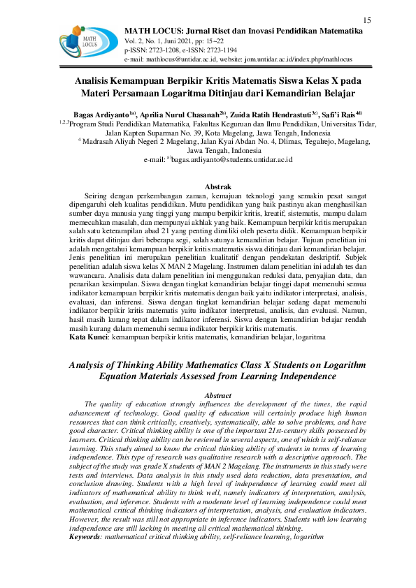 (PDF) Analisis Kemampuan Berpikir Kritis Matematis Siswa Kelas X pada Materi Persamaan Logaritma ...