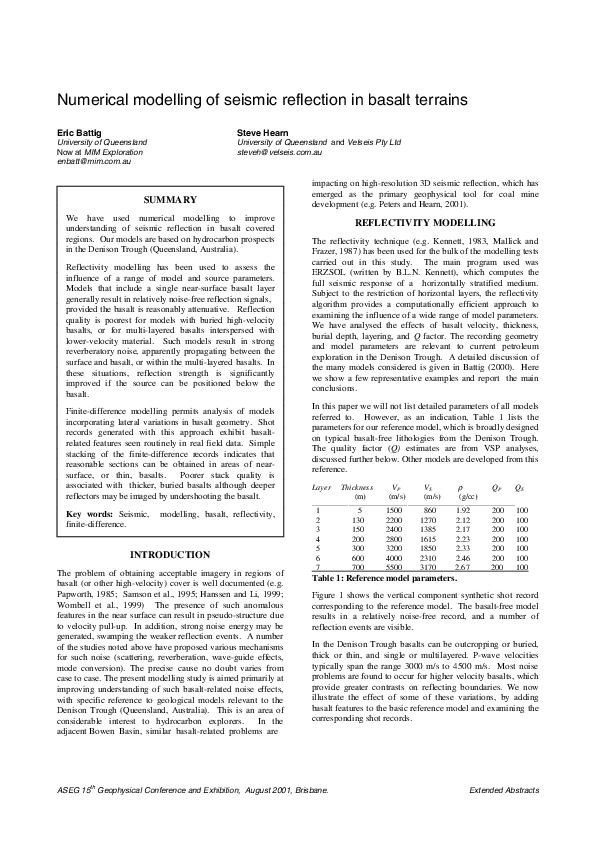(PDF) Numerical modelling of seismic reflection in basalt terrains