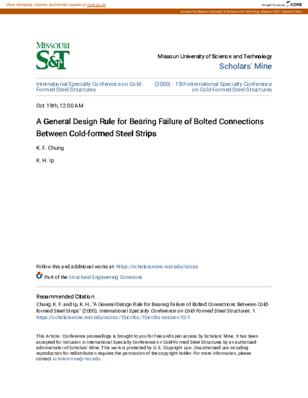 (PDF) A General Design Rule for Bearing Failure of Bolted Connections ...