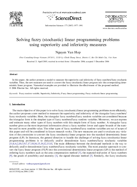 (PDF) Solving fuzzy (stochastic) linear programming problems using superiority and inferiority ...