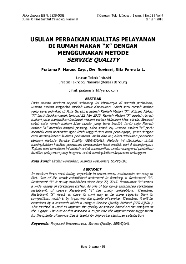 (PDF) Usulan Perbaikan Kualitas Pelayanan DI Rumah Makan “X” Dengan Menggunakan Metode Service ...