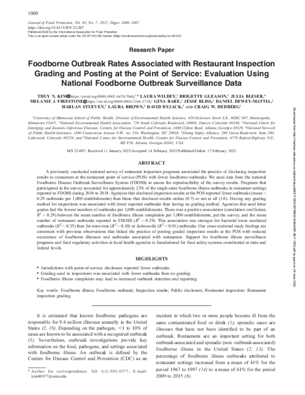 (PDF) Foodborne Outbreak Rates Associated with Restaurant Inspection ...