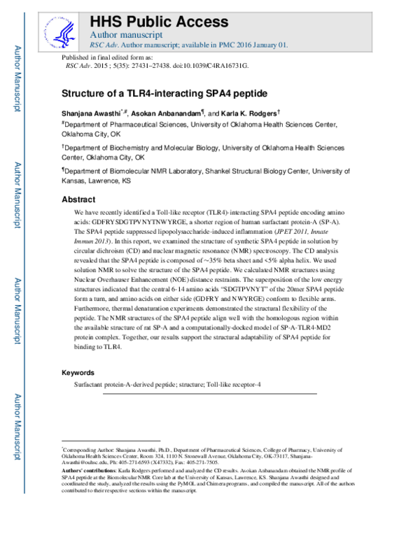(PDF) Structure of a TLR4-interacting SPA4 peptide