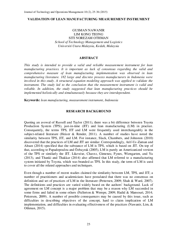 (PDF) Validation of lean manufacturing measurement instrument