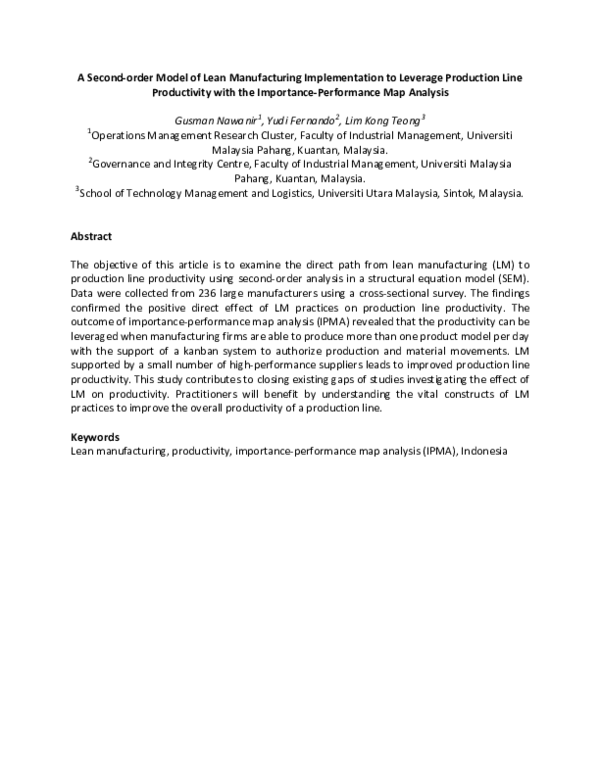 (PDF) A Second-order Model of Lean Manufacturing Implementation to Leverage Production Line ...