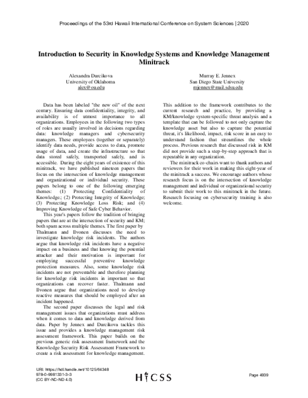 (PDF) Introduction to the Minitrack on Security in Knowledge Systems and Knowledge Management ...