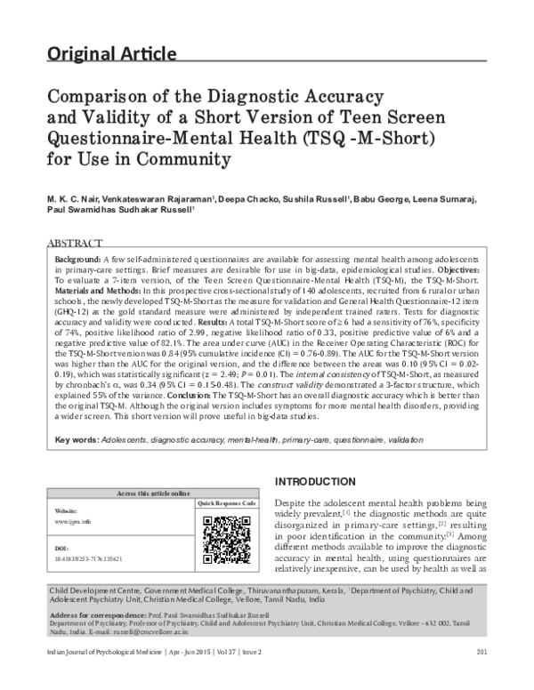 (PDF) Comparison of the diagnostic accuracy and validity of a short ...