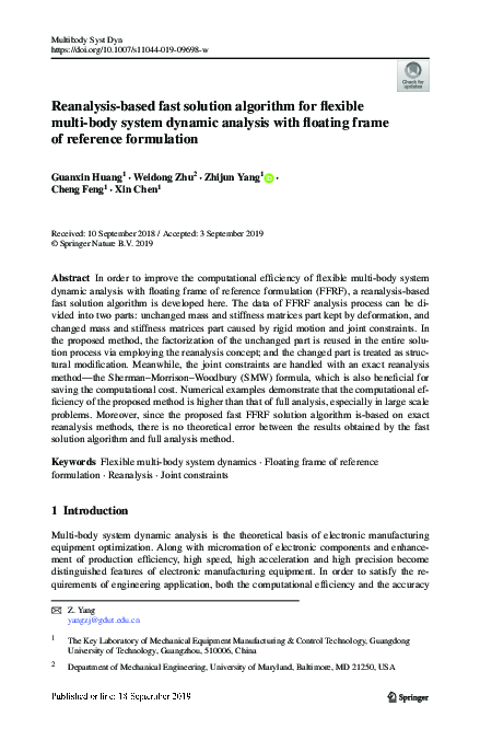 (PDF) Reanalysis-based fast solution algorithm for flexible multi-body system dynamic analysis ...