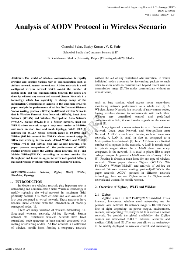 (PDF) Analysis of AODV Protocol in Wireless Scenario