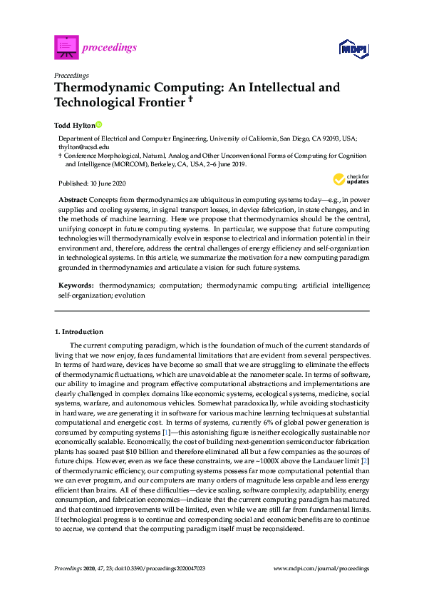 Pdf Thermodynamic Computing An Intellectual And Technological Frontier