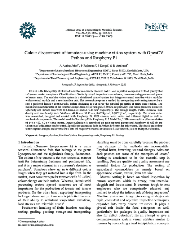 (PDF) Colour discernment of tomatoes using machine vision system with OpenCV Python and Raspberry Pi