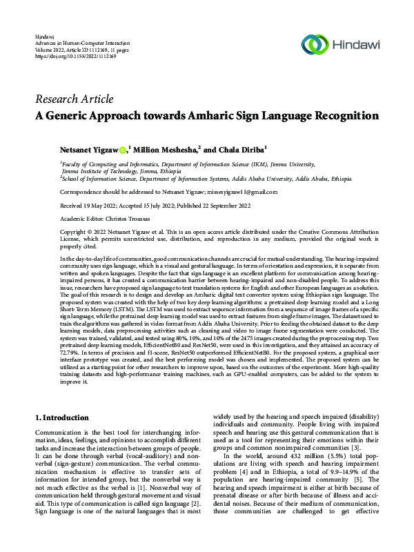 Pdf A Generic Approach Towards Amharic Sign Language Recognition