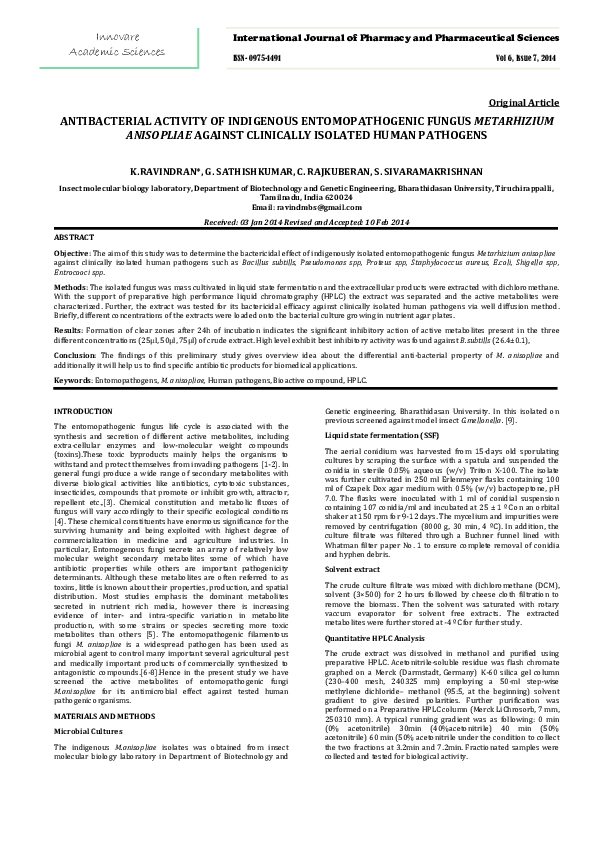 (PDF) ANTIBACTERIAL ACTIVITY OF INDIGENOUS ENTOMOPATHOGENIC FUNGUS METARHIZIUM ANISOPLIAE ...