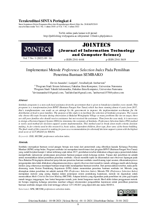 (PDF) Implementasi Metode Preference Selection Index Pada Pemilihan Penerima Bantuan SEMBAKO