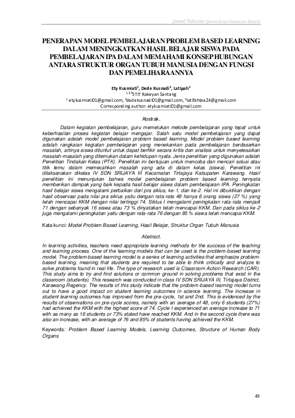 (PDF) Penerapan Model Pembelajaran Problem Based Learning Dalam Meningkatkan Hasil Belajar Siswa ...