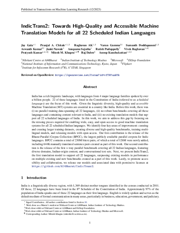 (PDF) IndicTrans2: Towards High-Quality and Accessible Machine ...