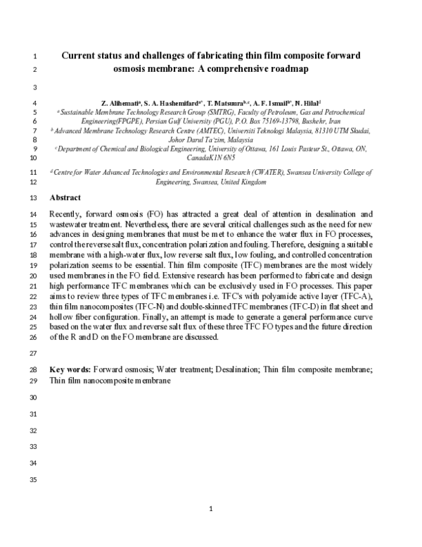 (PDF) Current status and challenges of fabricating thin film composite forward osmosis membrane ...