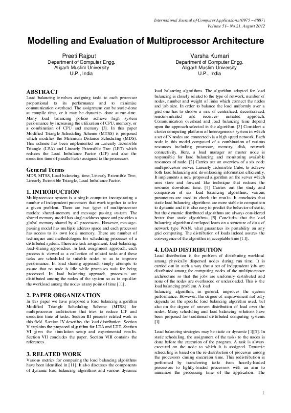 (PDF) Modelling and Evaluation of Multiprocessor Architecture