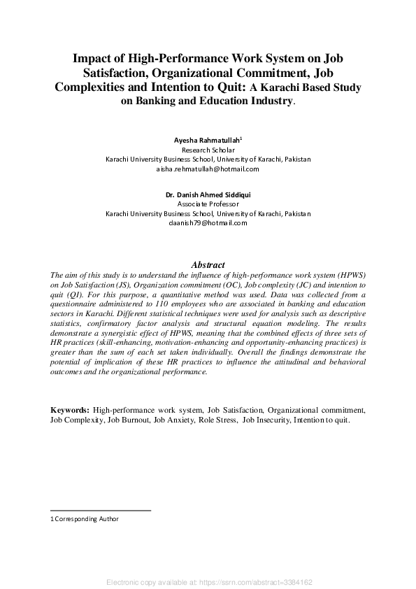 (PDF) Impact of High-Performance Work System on Job Satisfaction ...